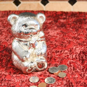 Silver Plate Teddy Bear Bank - Figural Bear Penny Bank - Child's Coin ...