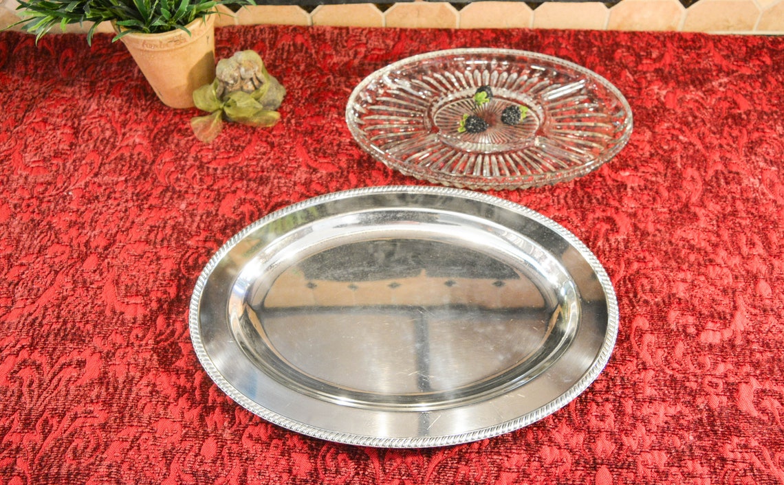 Oval Silver Plate Serving Tray With Divided Crystal Insert - Crescent ...