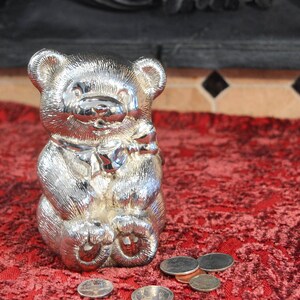 Silver Plate Teddy Bear Bank - Figural Bear Penny Bank - Child's Coin ...
