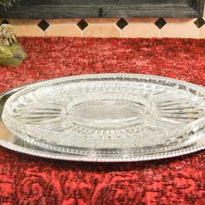 Oval Silver Plate Serving Tray With Divided Crystal Insert - Crescent ...