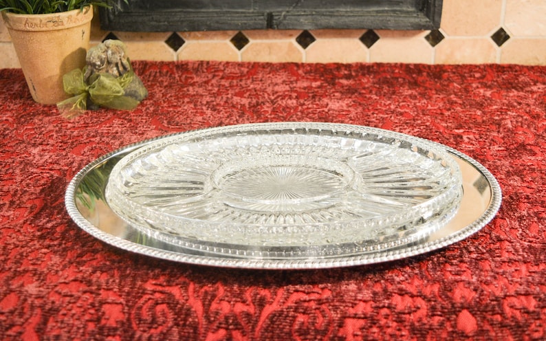 Oval Silver Plate Serving Tray With Divided Crystal Insert - Crescent ...
