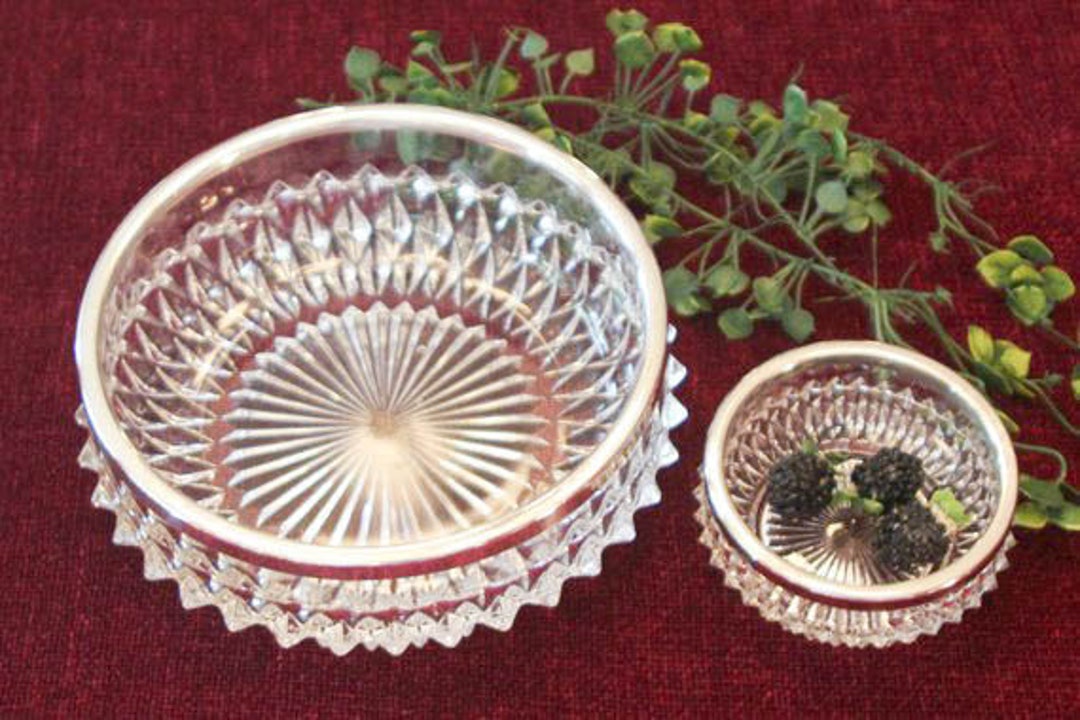 Diamond Point Crystal Bowl Set - Silver Plate Rim - Large & Small Bowl ...