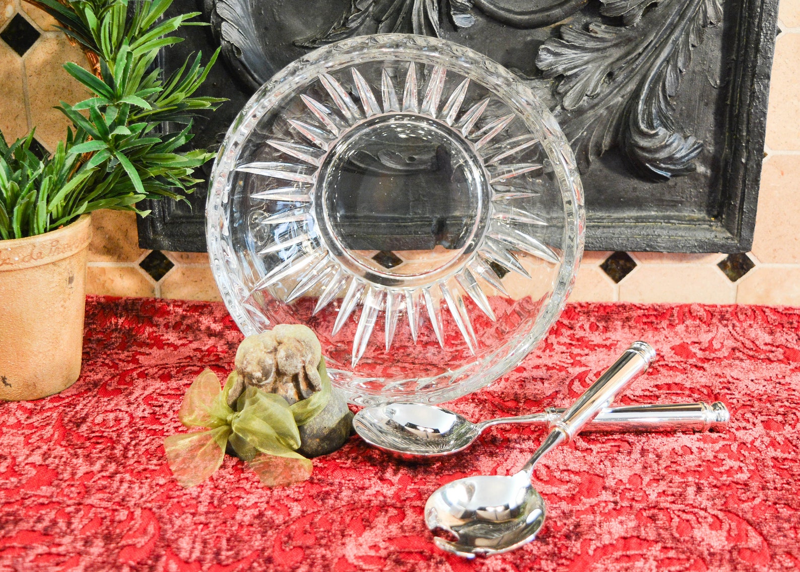 Large Crystal Serving Bowl Silver Plate Salad Serving Set - Etsy