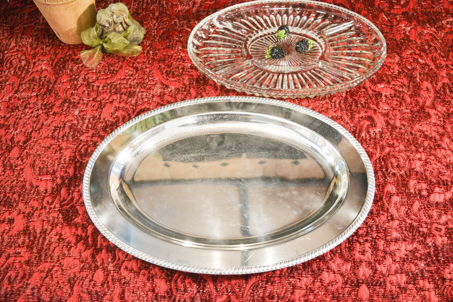 Oval Silver Plate Serving Tray With Divided Crystal Insert - Crescent ...