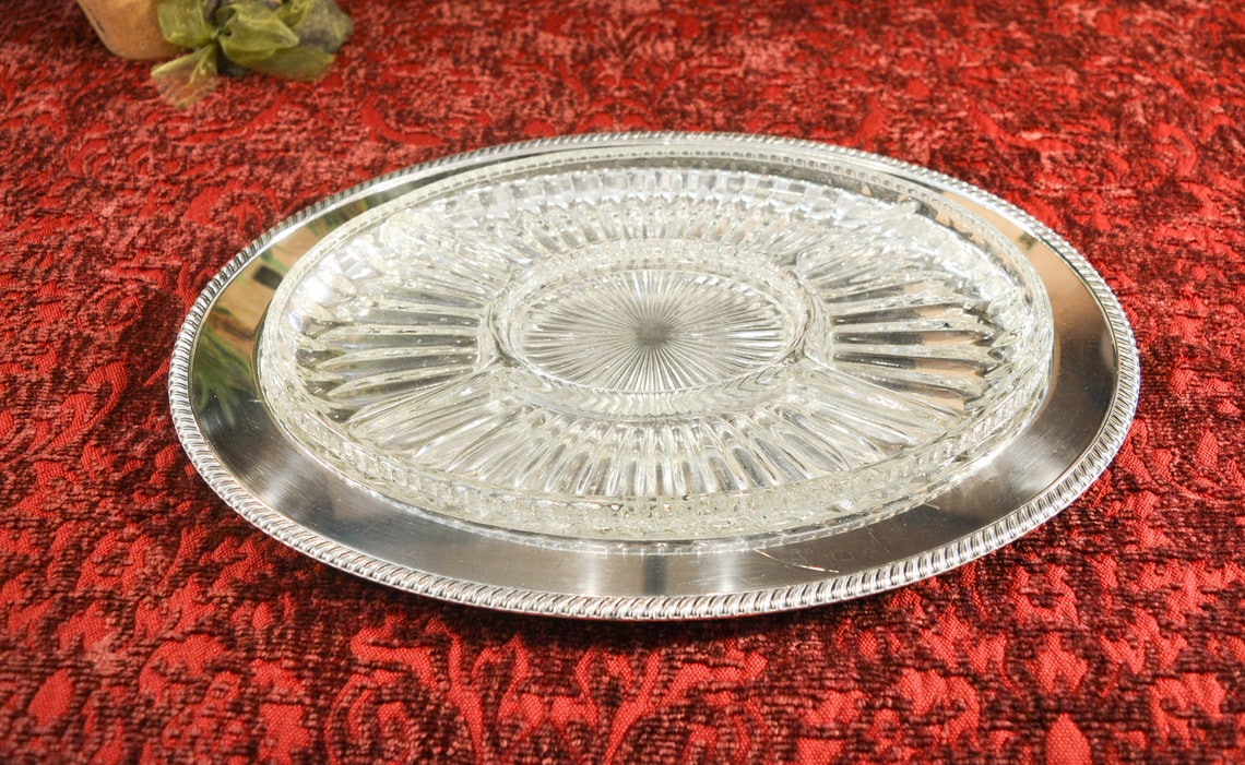 Oval Silver Plate Serving Tray With Divided Crystal Insert - Etsy