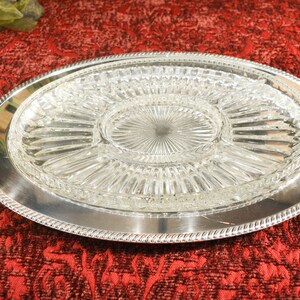 Oval Silver Plate Serving Tray With Divided Crystal Insert - Crescent ...