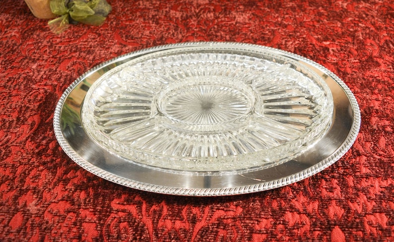 Oval Silver Plate Serving Tray With Divided Crystal Insert - Crescent ...