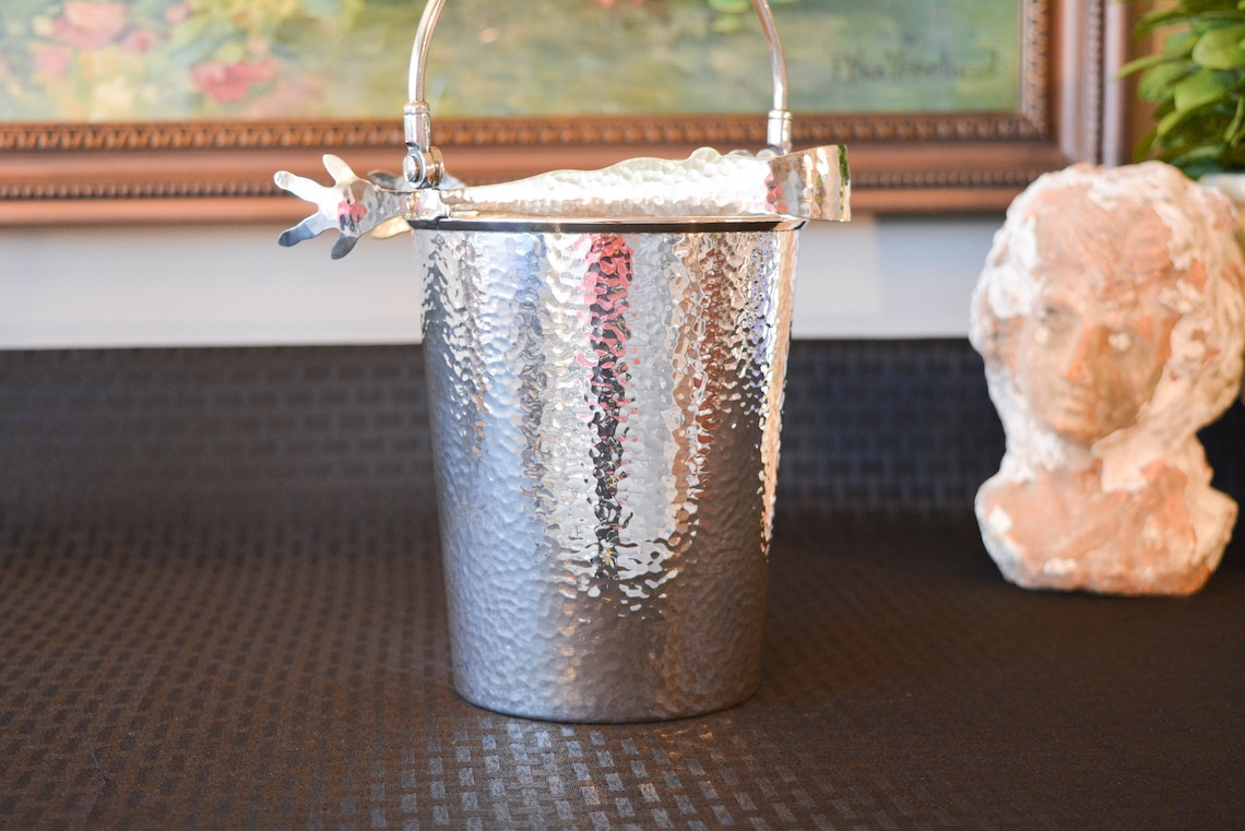 Hammered Silver Plate Ice Bucket - Matching Hammered Silver Ice Tongs ...