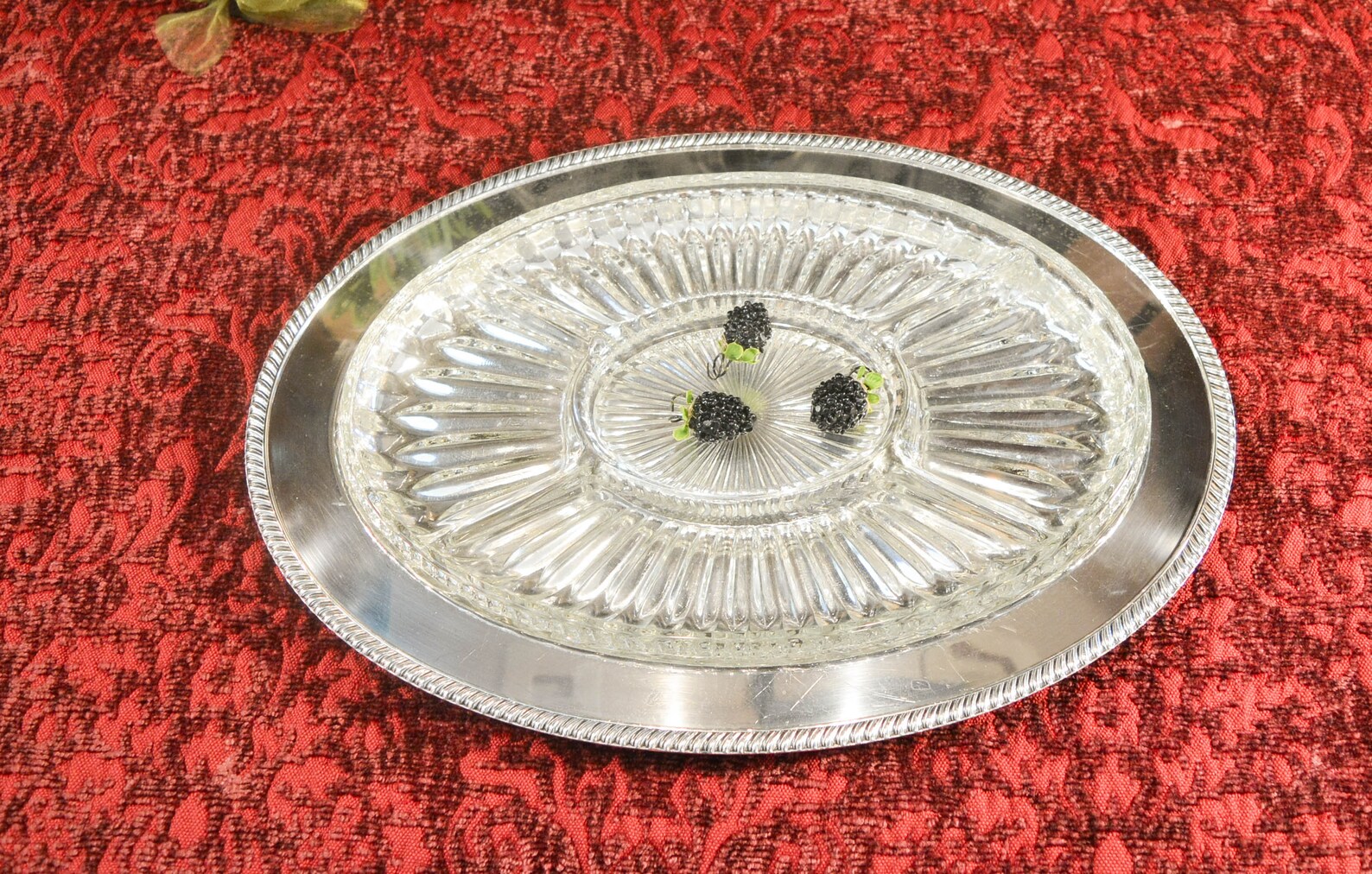 Oval Silver Plate Serving Tray With Divided Crystal Insert - Crescent ...