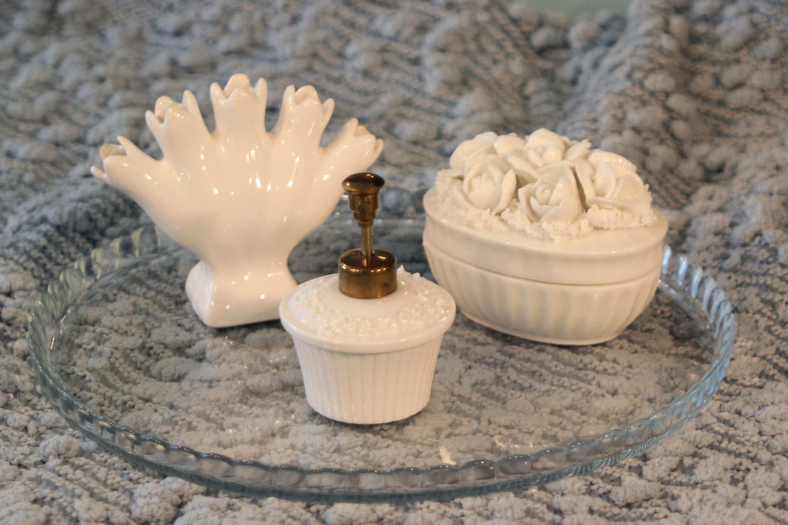 Porcelain Vanity Set Round Glass Vanity Tray With Scalloped - Etsy