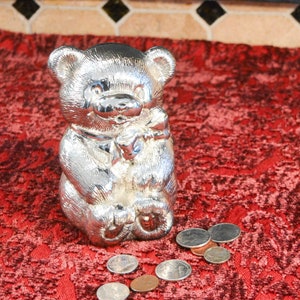Silver Plate Teddy Bear Bank - Figural Bear Penny Bank - Child's Coin ...