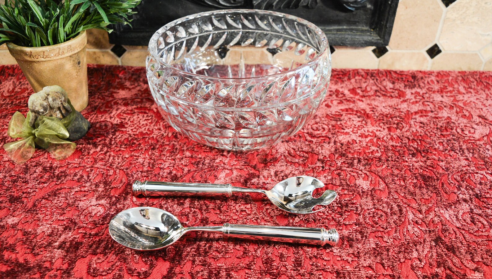 Large Crystal Serving Bowl Silver Plate Salad Serving Set - Etsy