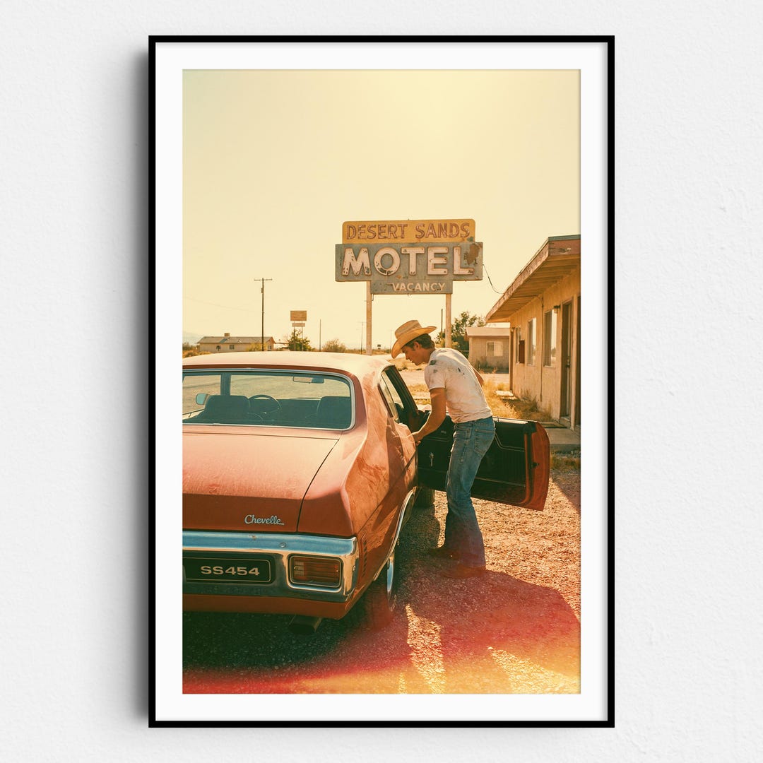 Vintage Western Cowboy and Retro Muscle Car at Desert Motel Print ...