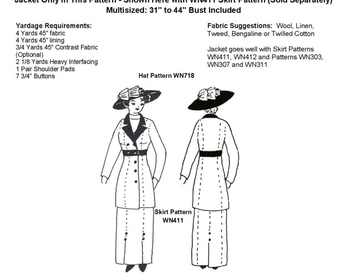 WN410 1910 1915 Double Breasted Jacket Sewing Pattern by Wingeo - Etsy