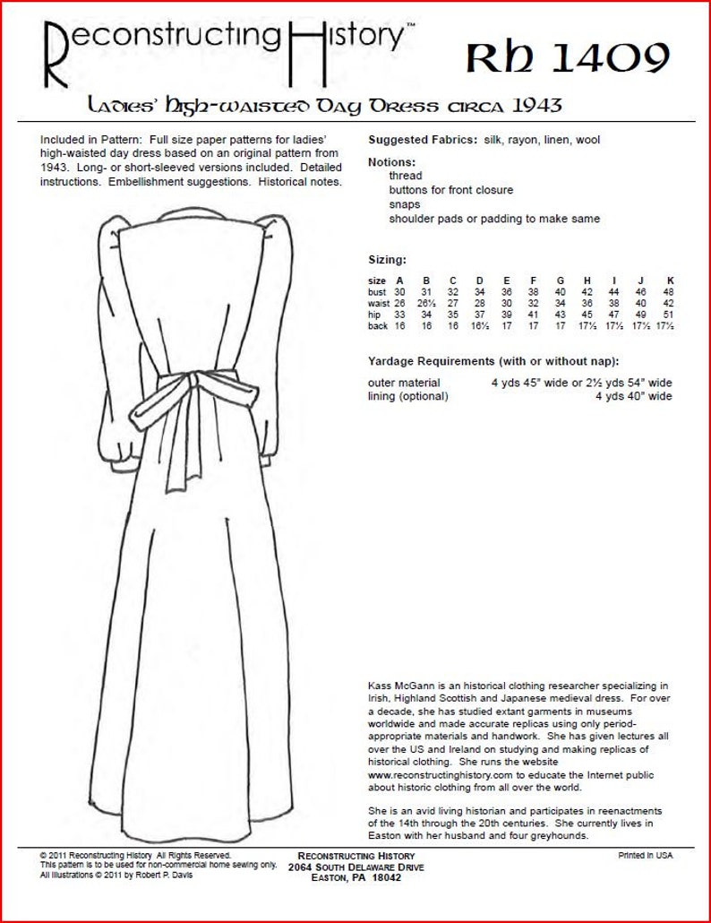 RC1409 1943 Ladies' High-Waisted Dress Sewing Pattern by | Etsy
