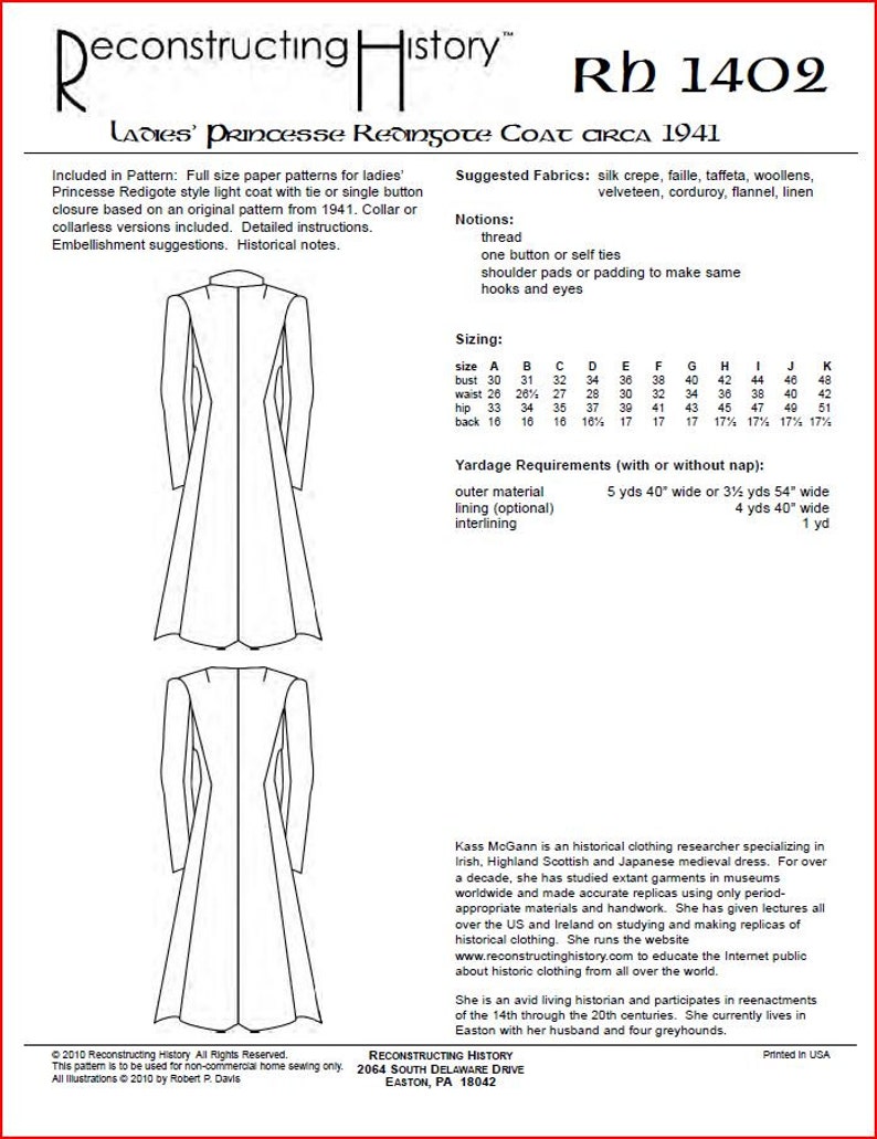 RC1402 1941 Ladies' Redingote Coat Sewing Pattern by | Etsy
