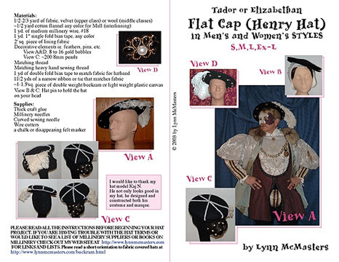 MC12 Men's and Women's Tudor & Elizabethan Flat Caps Sewing Pattern by ...