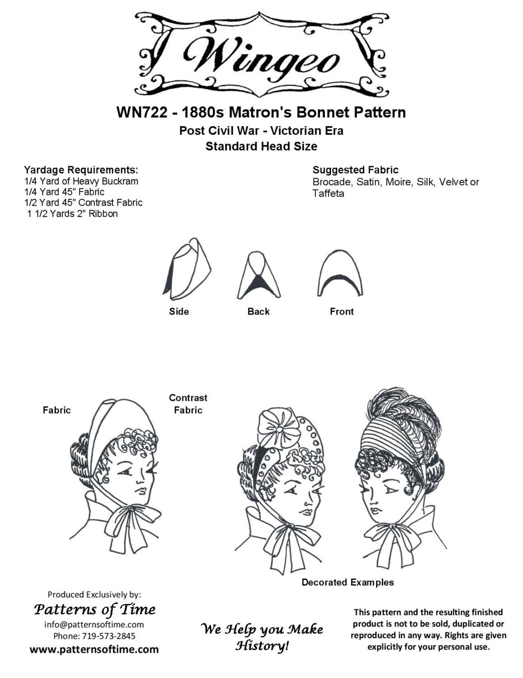 WN722 1880's Matron's married Woman Bonnet Sewing Pattern by Wingeo - Etsy