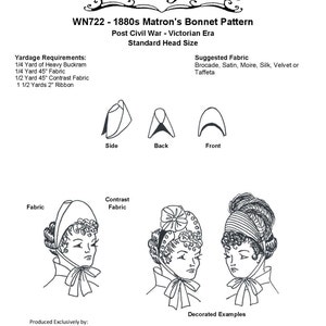 WN722 1880's Matron's married Woman Bonnet Sewing Pattern by Wingeo - Etsy