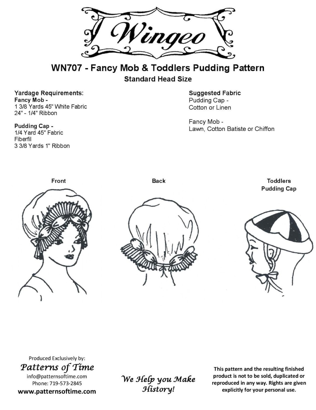 WN707 Colonial or Regency Era Fancy Mob Cap & Pudding Cap Sewing ...