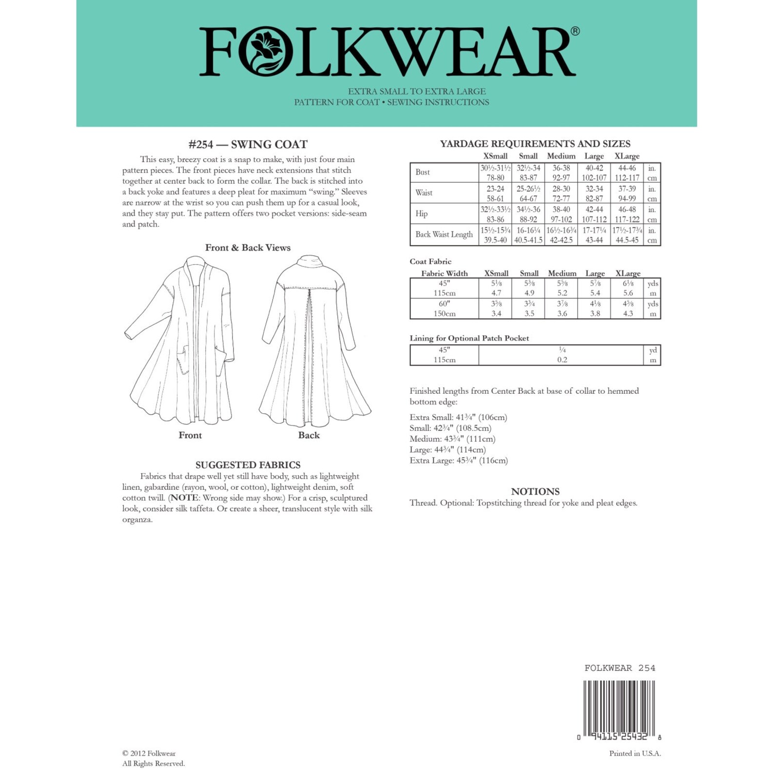 FW254 Swing Coat Pattern Sewing Pattern by Folkwear - Etsy