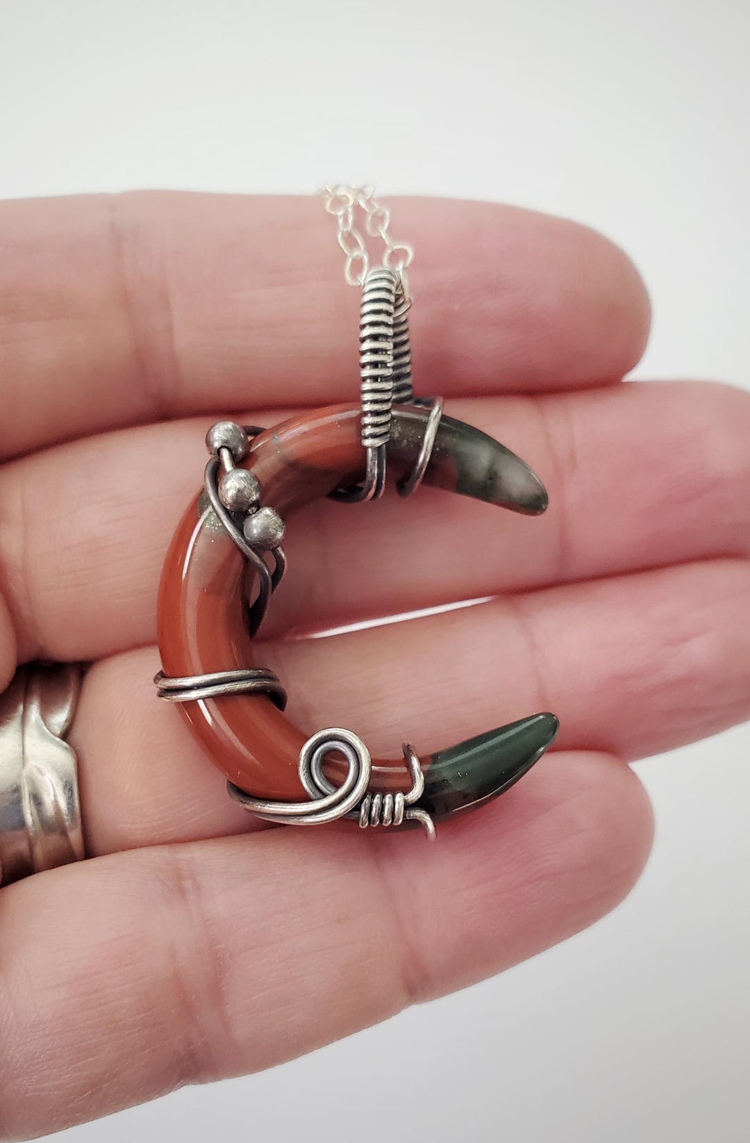 African Bloodstone Crescent Moon Necklace, Wire Wrapped Crescent Moon ...