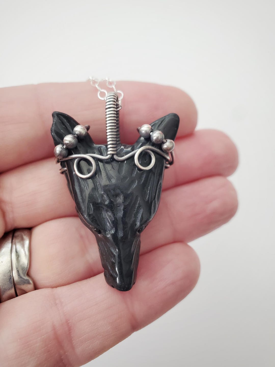 Black Obsidian Wolf Necklace, Wire Wrapped Wolf Necklace, Black ...