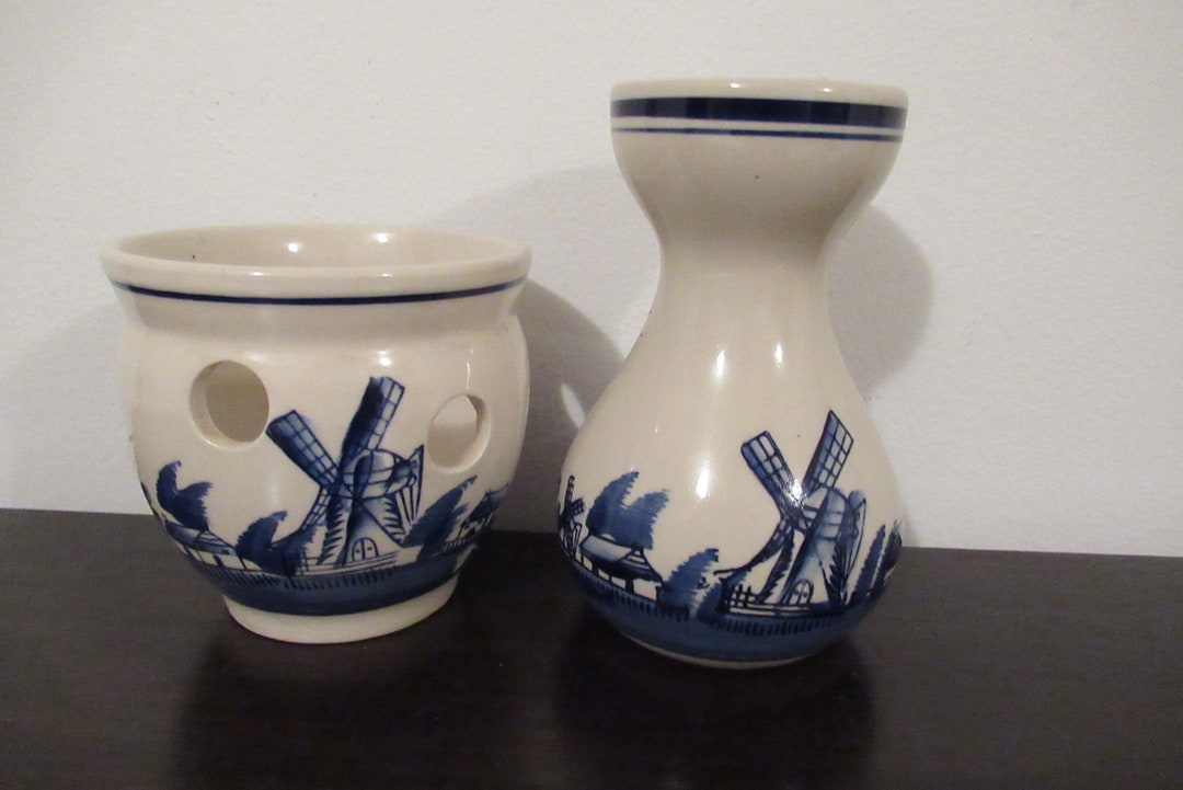 Windmill Vase, Windmill Candle Holder, Blue and White, Holland Windmill ...