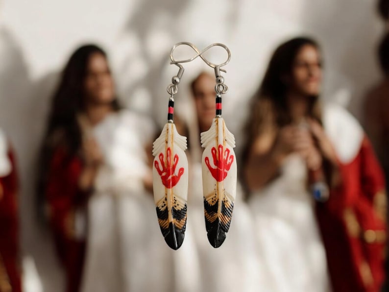 Hand Painted Bone Feather Pendant Earrings, Native American Red Hand ...