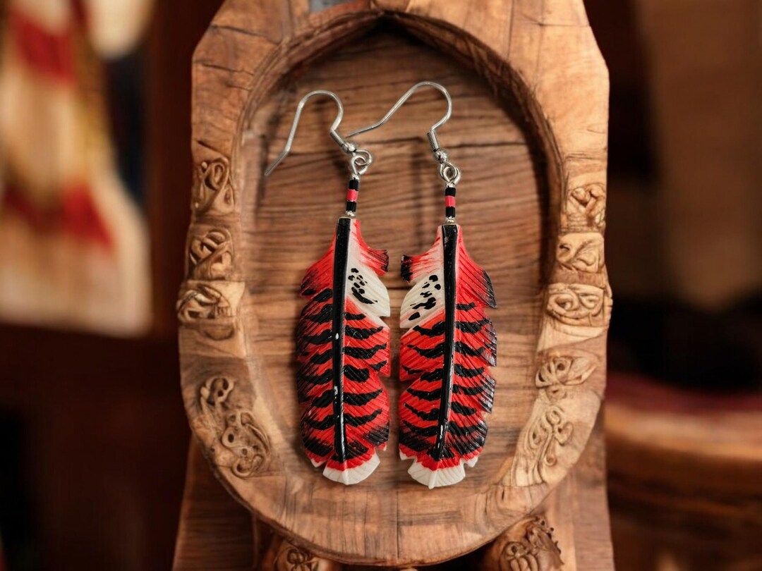 Hand Painted Bone Feather Pendant Earrings, Native American Red Hawk ...