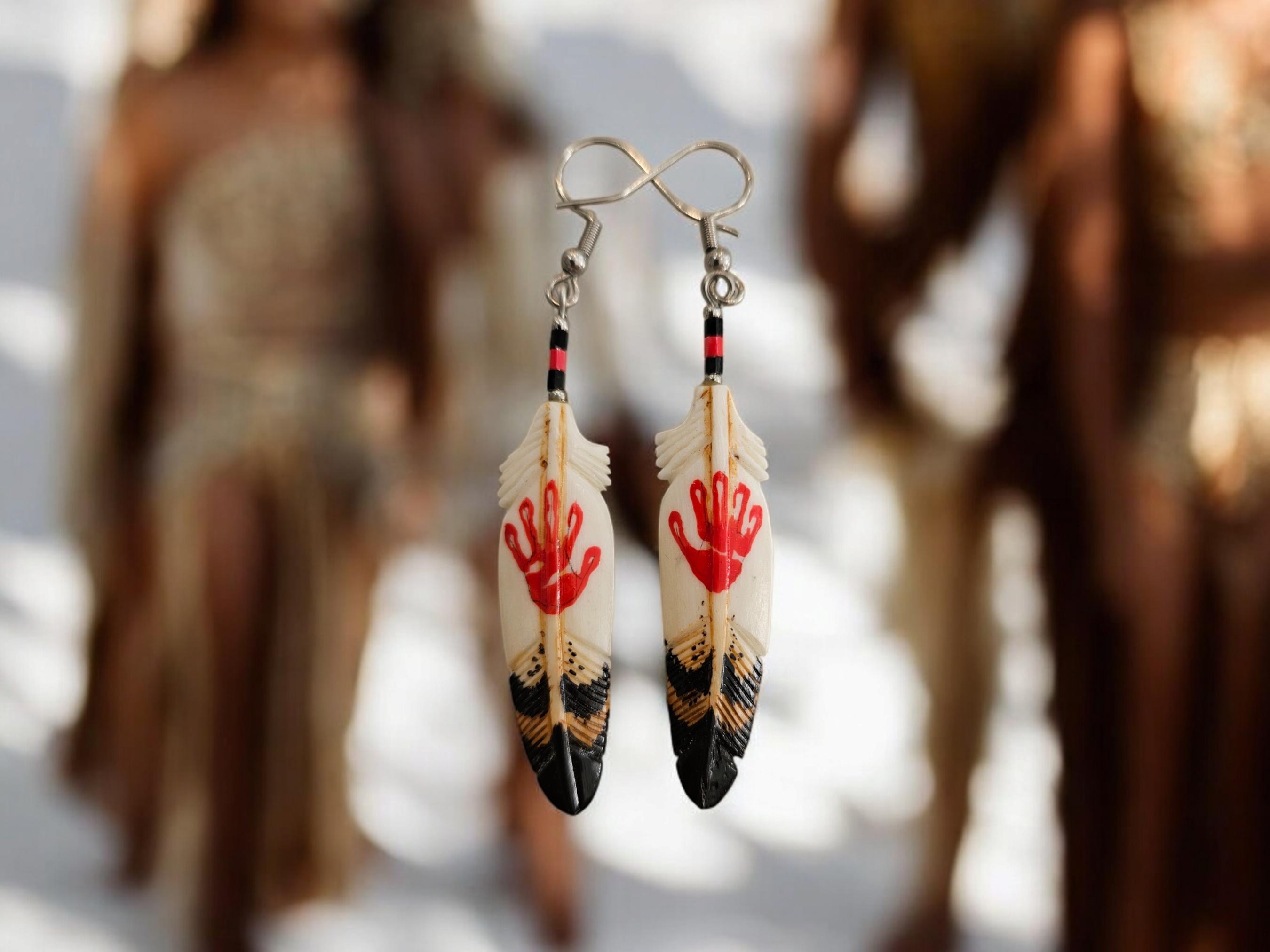 Hand Painted Bone Feather Pendant Earrings, Native American Red Hand ...