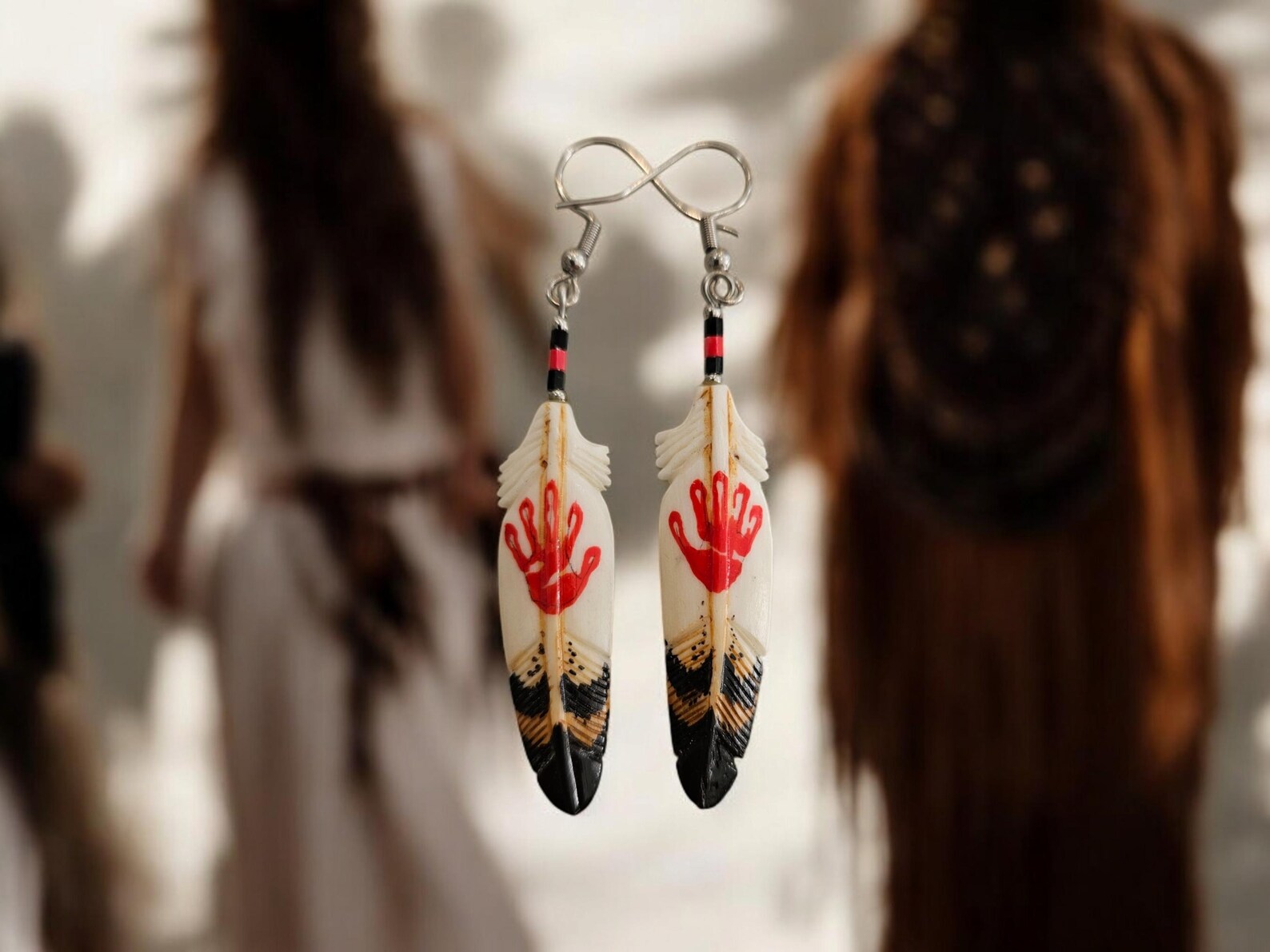 Hand Painted Bone Feather Pendant Earrings, Native American Red Hand ...