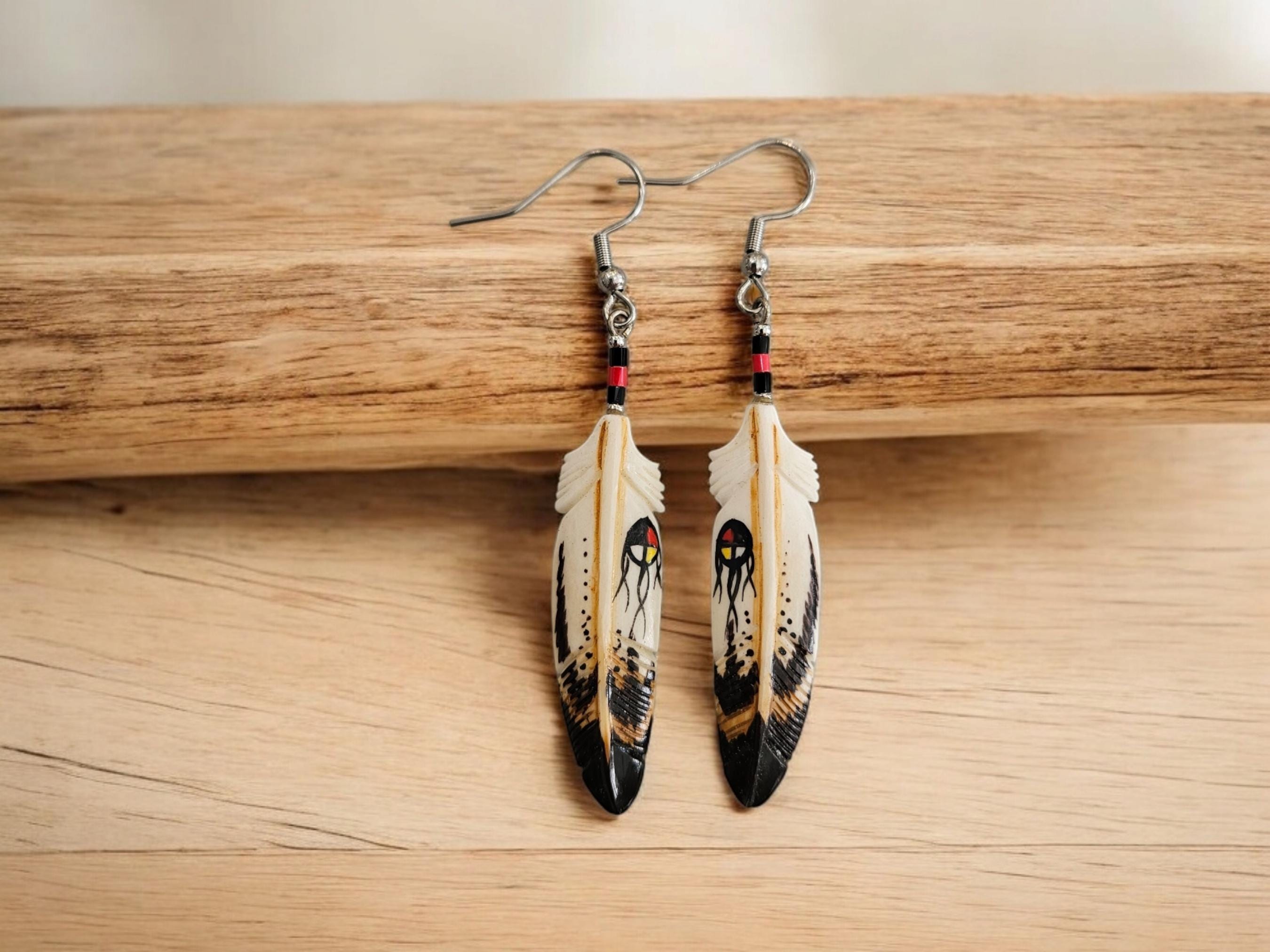 Hand Painted Bone Feather Pendant Earrings, Native American Four ...
