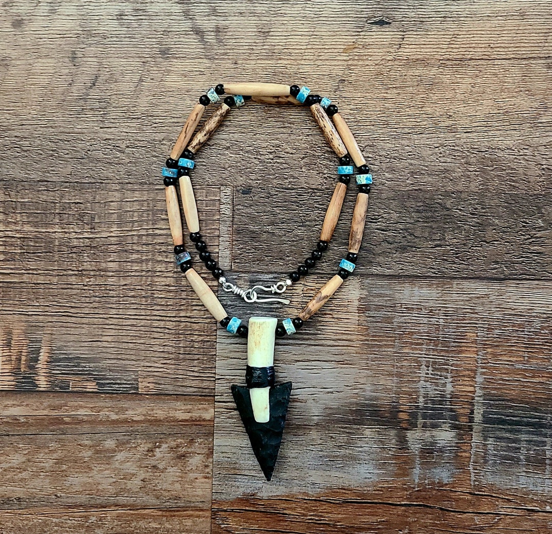 Flint Knapped Native American Style Arrowhead Necklace With Obsidian ...