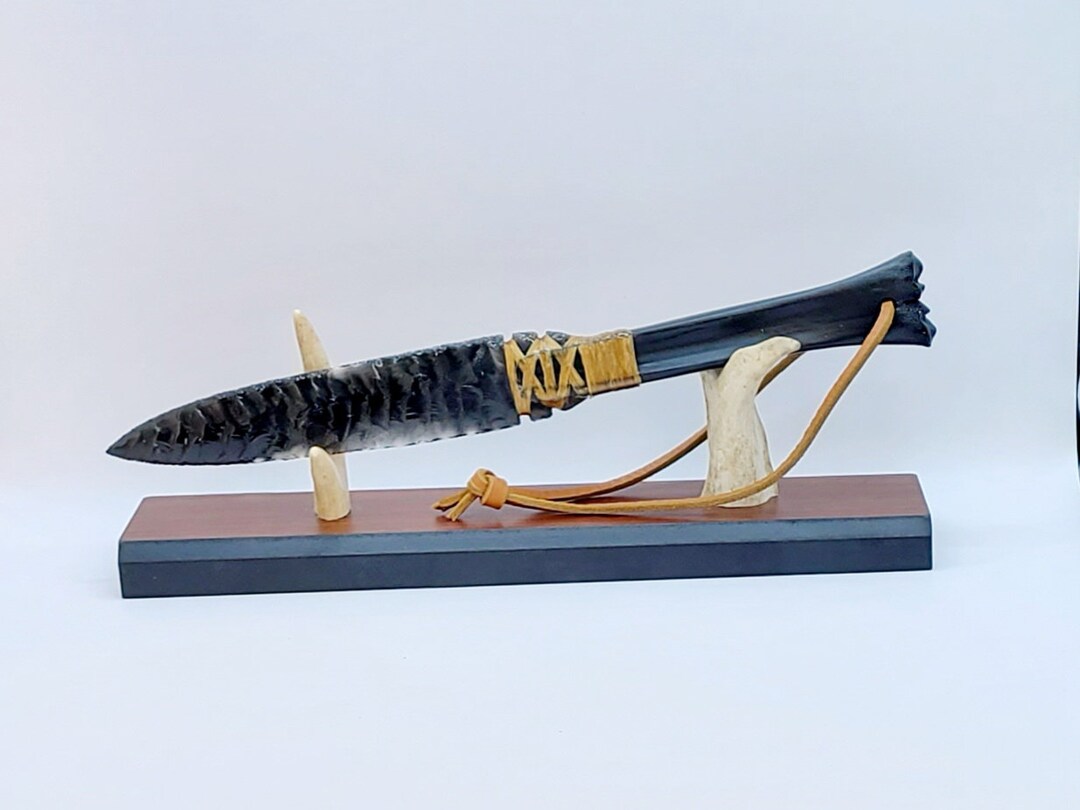 Native American Flint Knapped Obsidian Dagger, White Tail Deer ...