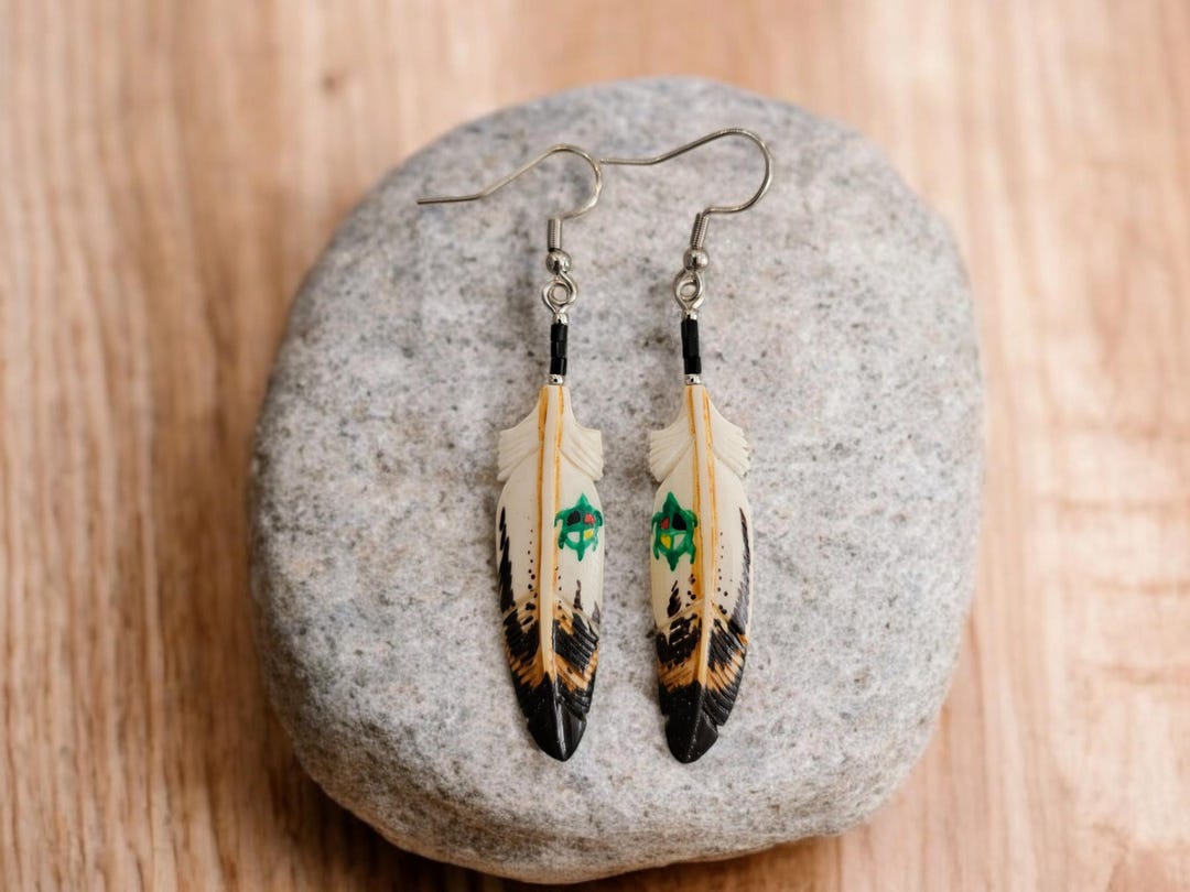 Hand Painted Bone Feather Pendant Earrings, Native American Green Sea ...