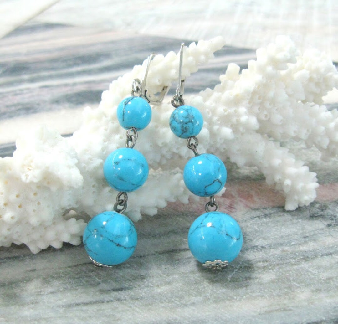 Long Turquoise Earrings Blue Howlite Three Ball Dangles Silver Plated ...