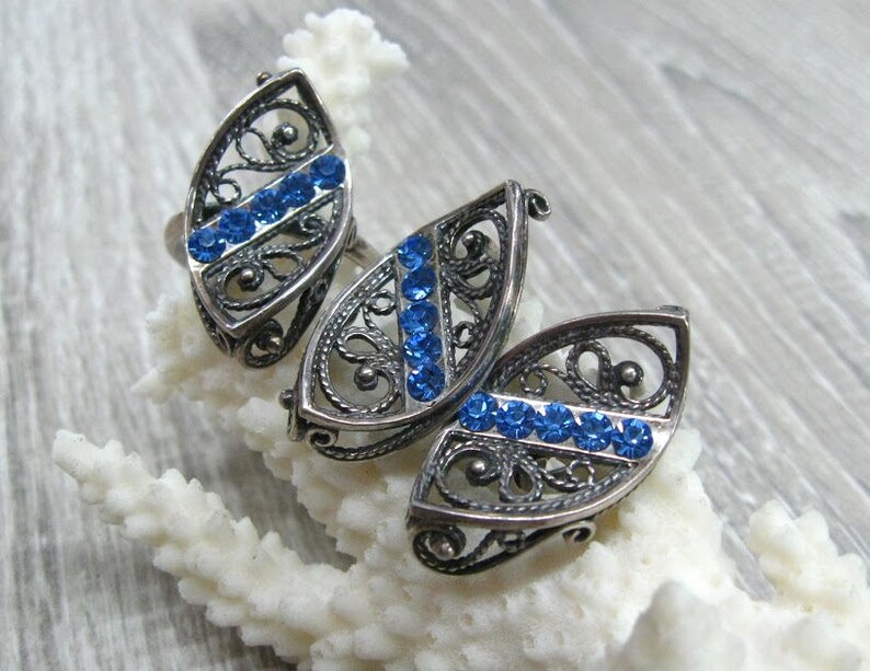 Russian filigree jewelry set ring earrings baby blue crystal | Etsy