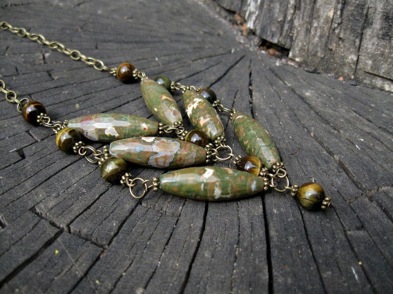Forest Green Jasper Rustic Necklace Brass Chain Tiger's Eye Accents Rye ...