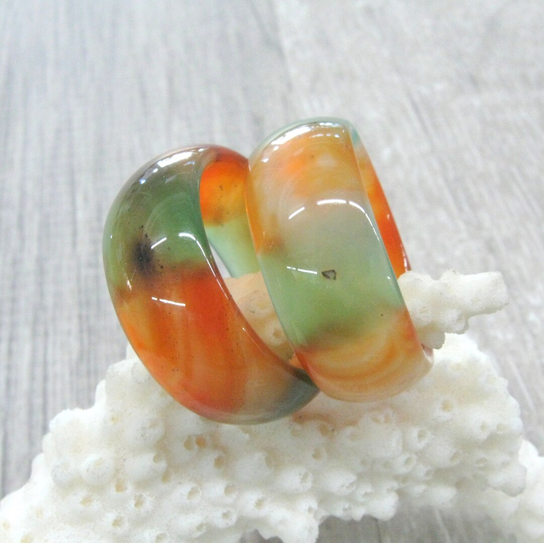 Light Orange and Green Agate Solid Stone Ring Banded Agate Carved Stone ...