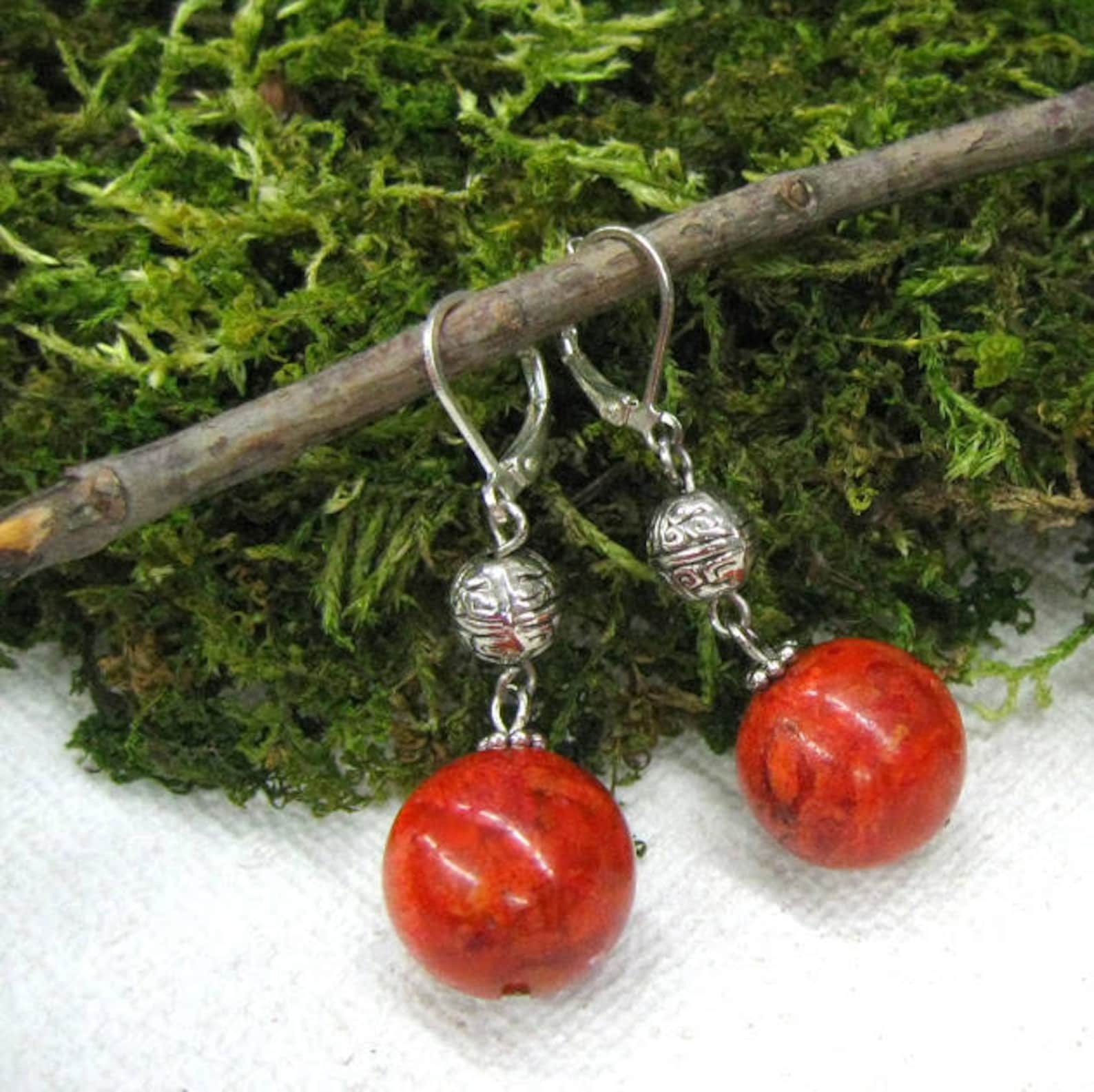 Orange Coral Dangle Drop Earrings Sponge Coral Earrings Rustic | Etsy