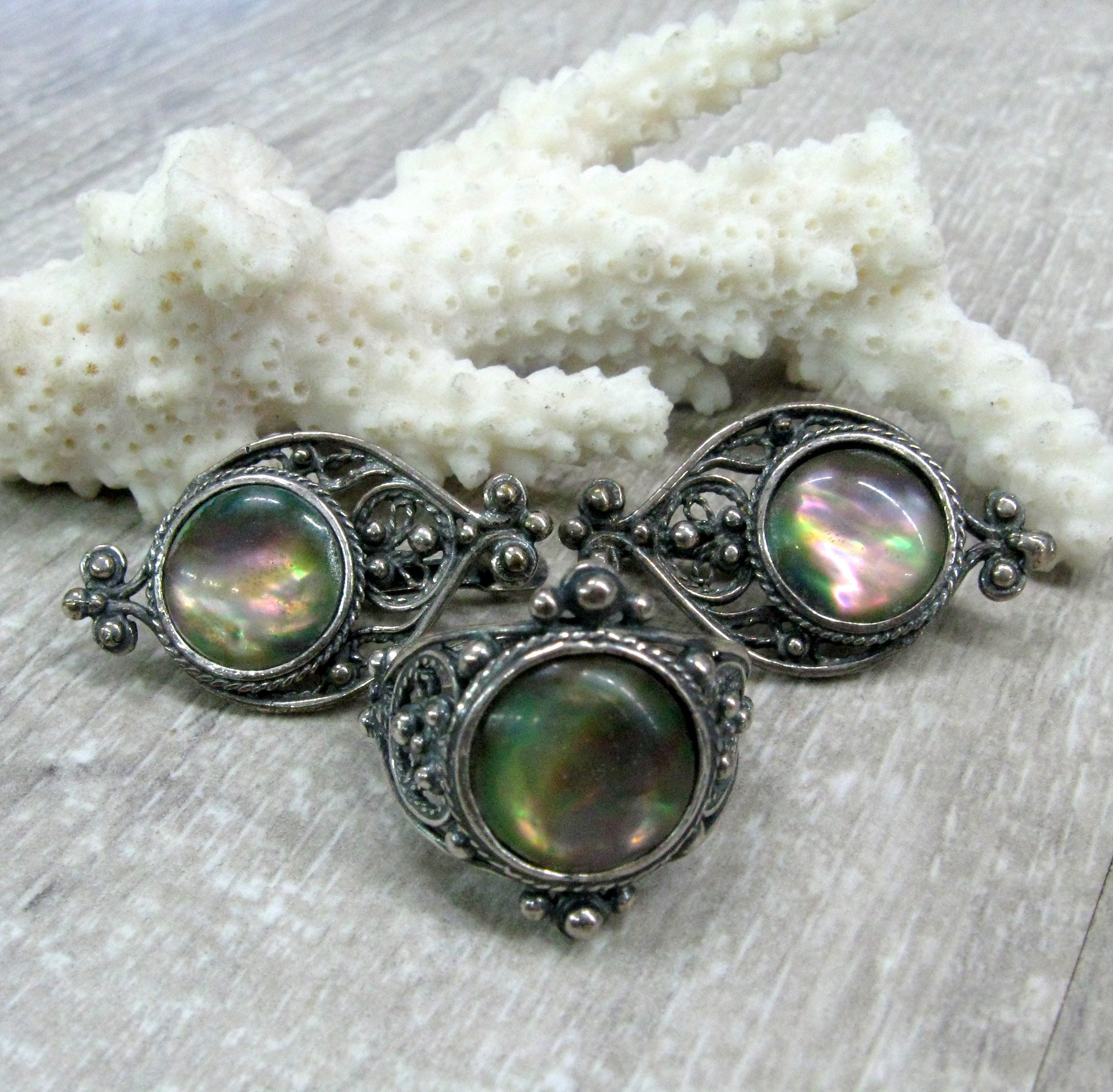 Vintage Abalone ring size 9 and earrings jewelry set Rainbow | Etsy