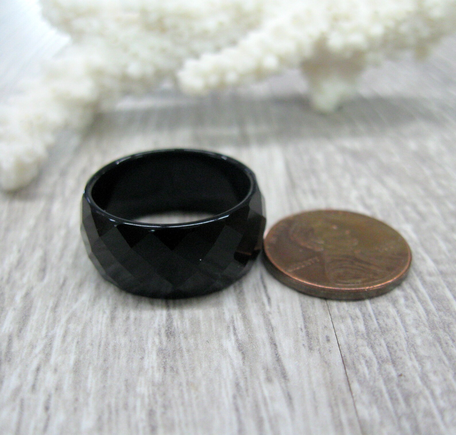 Black Onyx Ring Natural Solid Stone Faceted Band Size 6 7 8 9 10 11 12 ...
