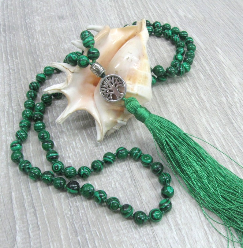 Green Malachite 108 Bead Mala Tree of Life Buddhist Mantra Prayer Beads ...