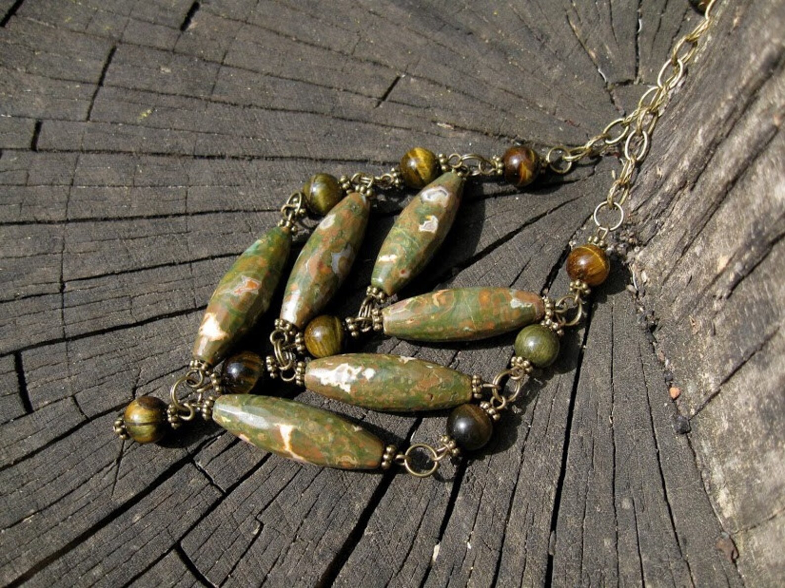 Forest Green Jasper Rustic Necklace Brass Chain Tiger's Eye Accents Rye ...