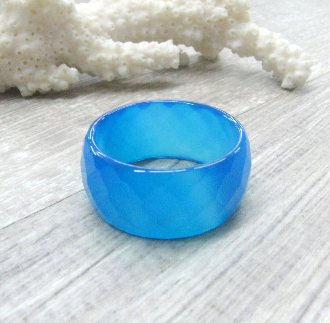 Bright Blue Dyed Agate Ring Size 7.5 7 3/4 8 12.5 Solid Stone Ring Wide ...