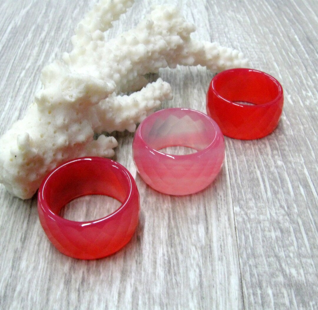 Pink Solid Stone Ring Natural Agate Wide Faceted Band Ring for Woman Sz ...