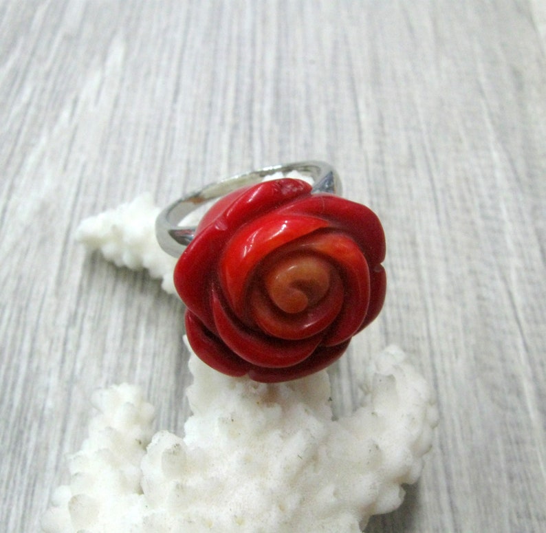 Red Coral Carved Rose Gemstone Ring Stone Flower Red Rose Ring - Etsy
