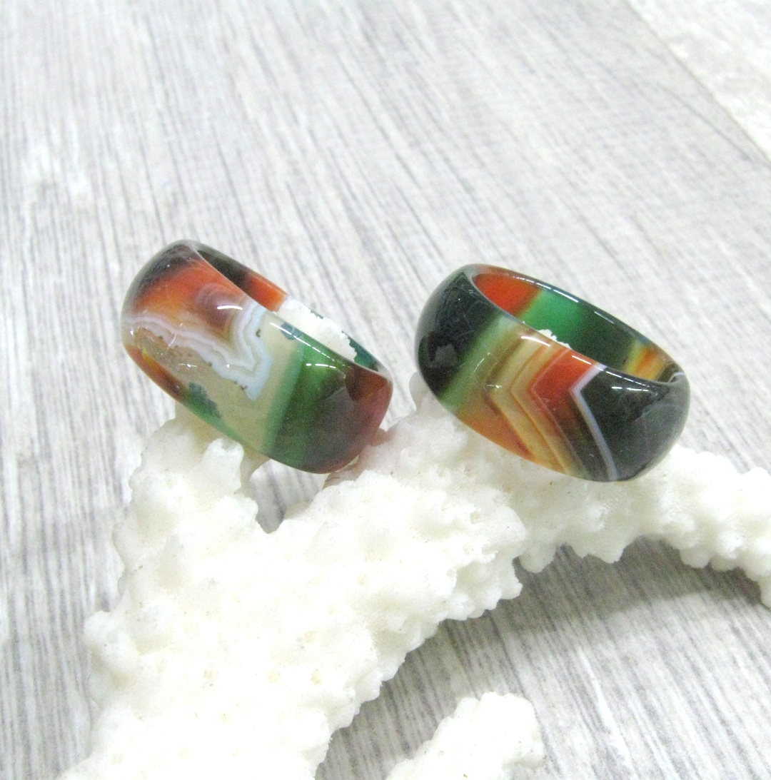 Orange Green White Black Multi Color Agate Bands Ring Size 5 6 8 9 ...