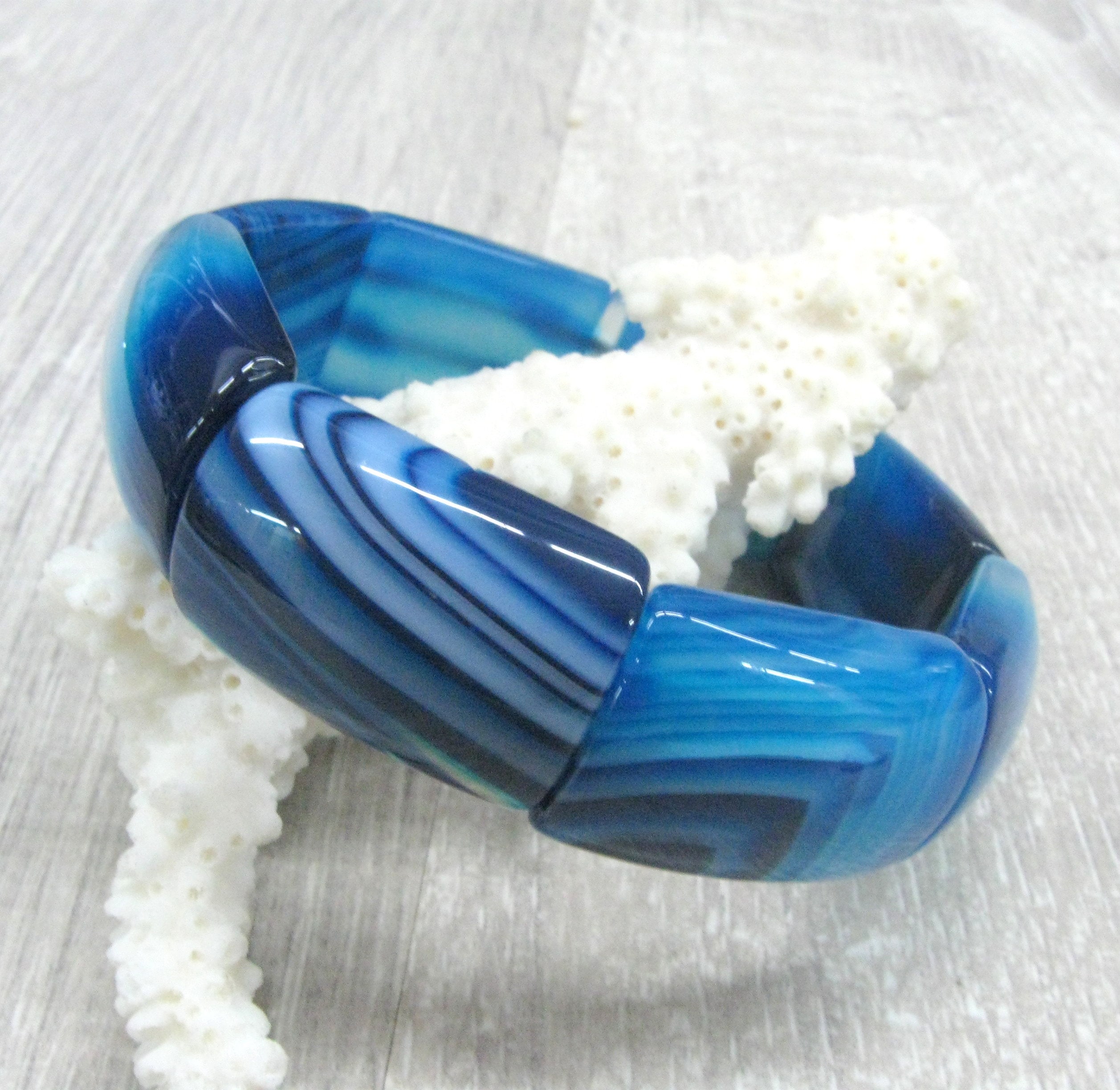 Blue Agate Bracelet wide bangle natural banded agate jewelry | Etsy